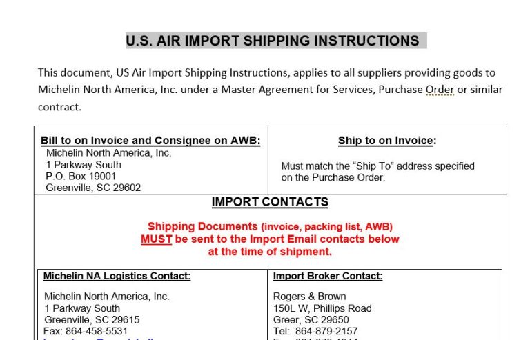 United States _ US Air Import Shipping Instructions - Purchasing Documents
