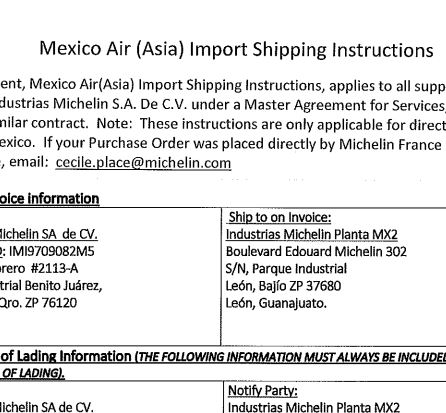 Mexico Air Asia Import Shipping Instructions - Purchasing Documents